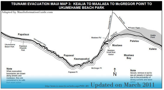 Maui Tsunami Evacuation Routes by region of Maui Hawaii.