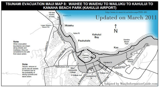 Maui Tsunami Evacuation Routes by region of Maui Hawaii.